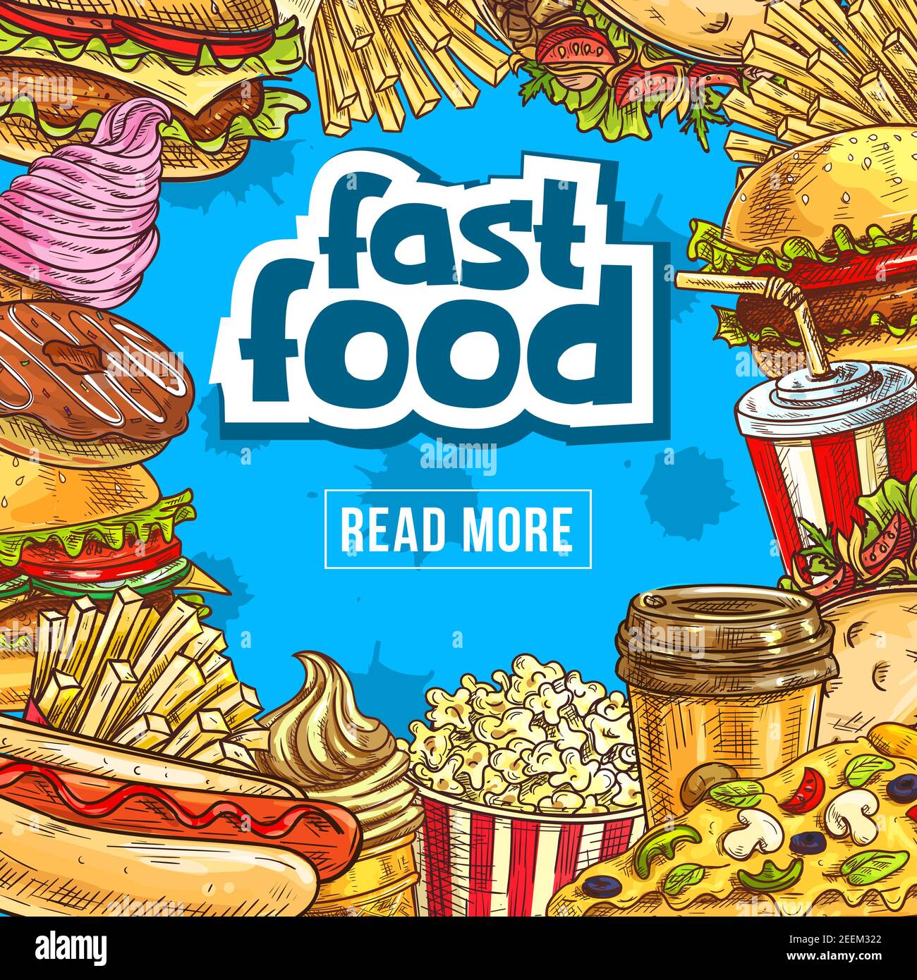 Fast food poster of fastfood meals, snacks and burgers. Vector lunch of ...