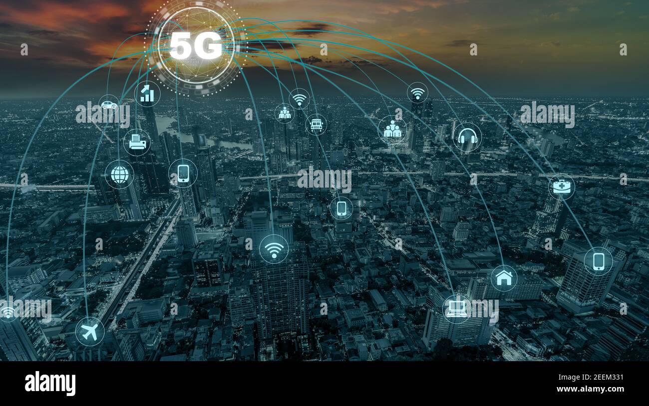 5G technology with Computer Network connection line between building ...