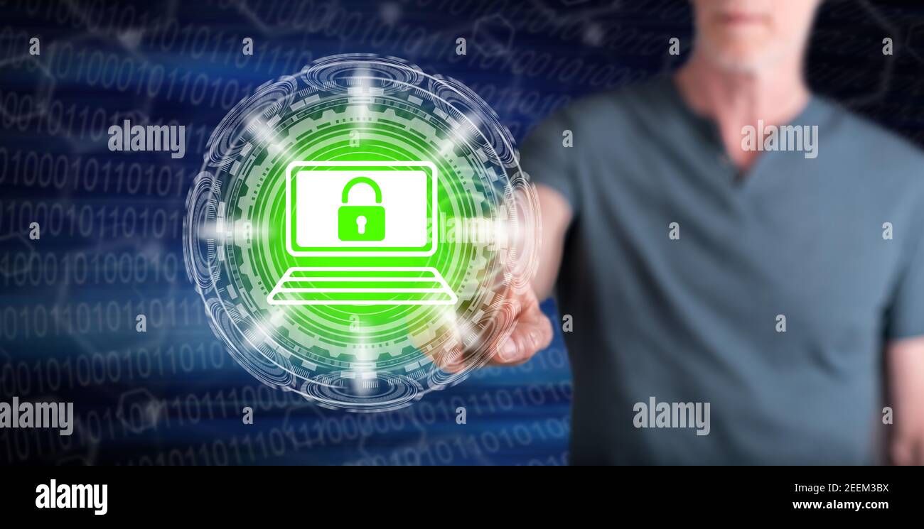 Man touching a cyber security concept on a touch screen with his finger ...