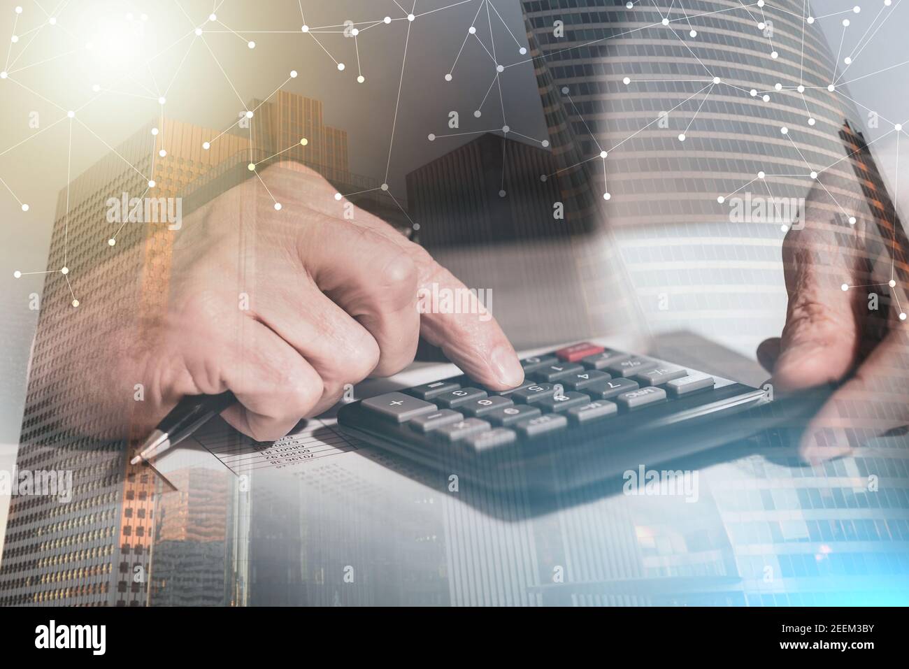 Male hand using calculator, accounting concept; multiple exposure Stock ...