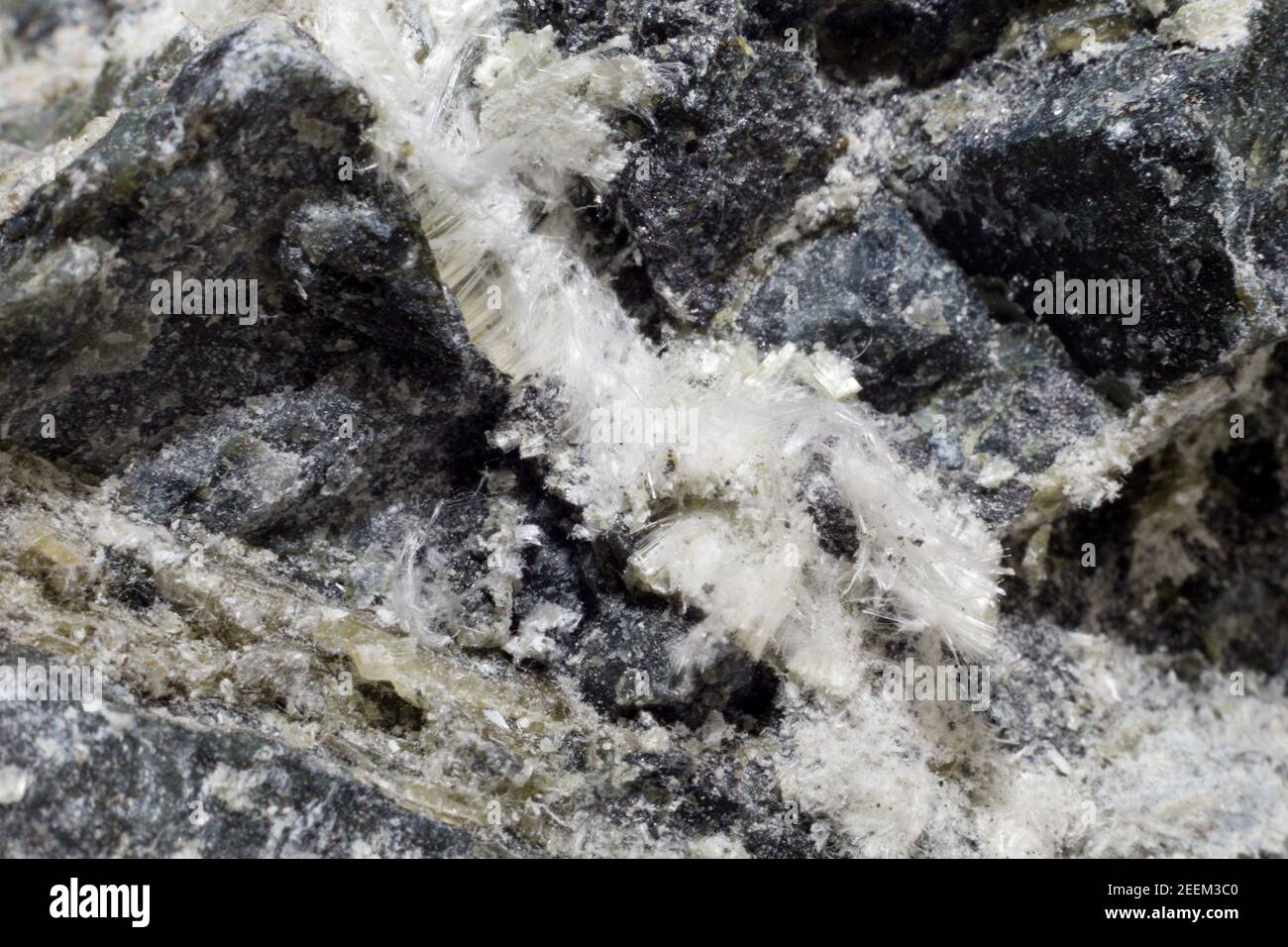 White fibers of asbestos mineral in stone, close-up Stock Photo - Alamy