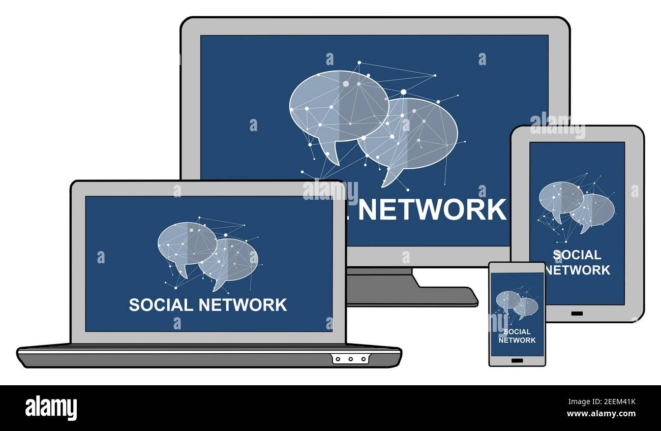 Social network concept shown on different information technology ...