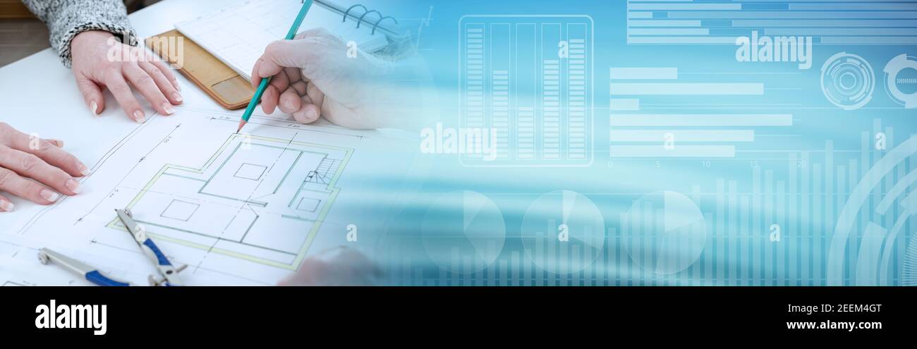 Architect showing house plans to his client; panoramic banner Stock ...