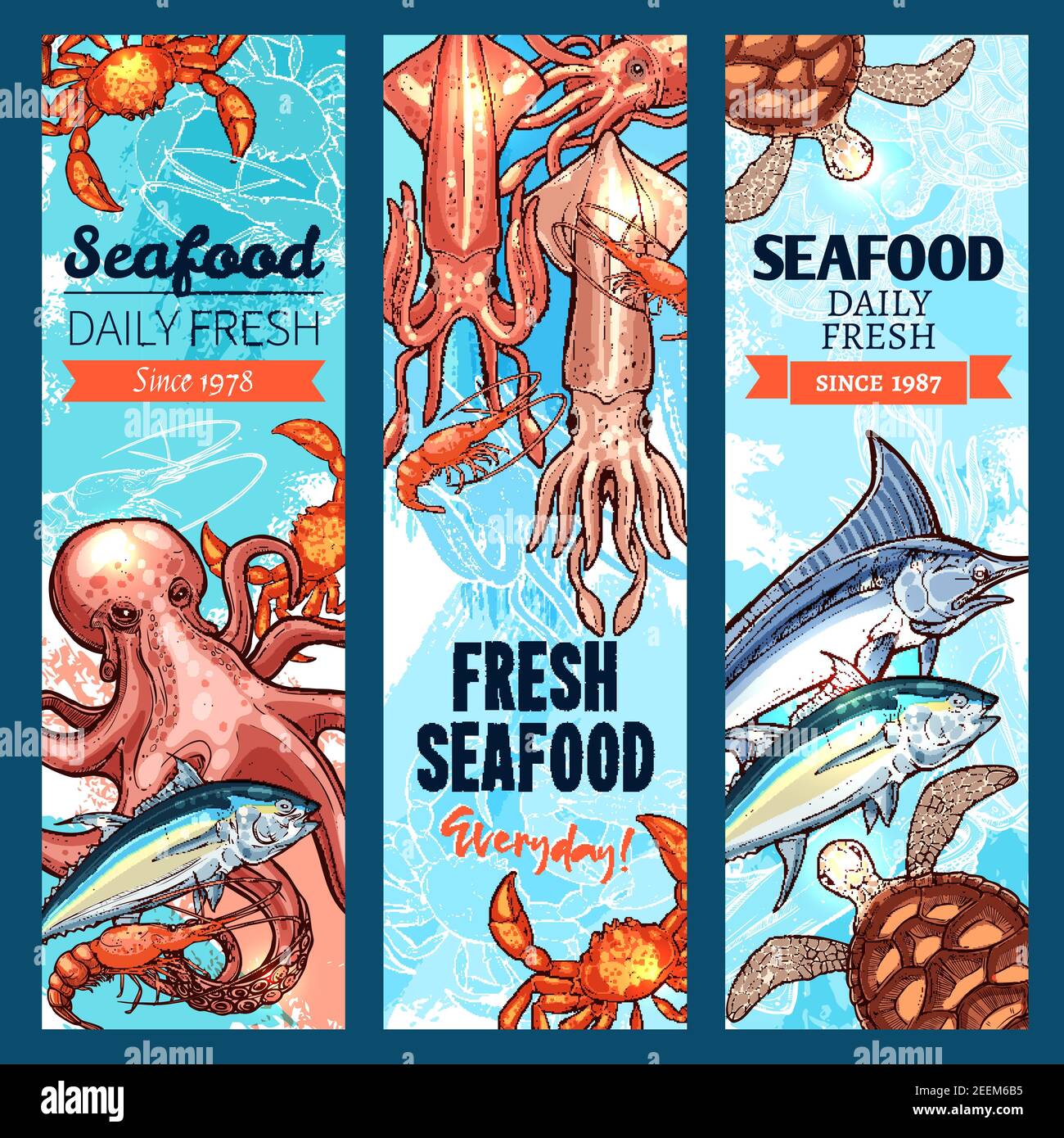 Seafood and fish market banner set. Fresh crab, salmon, shrimp, tuna ...