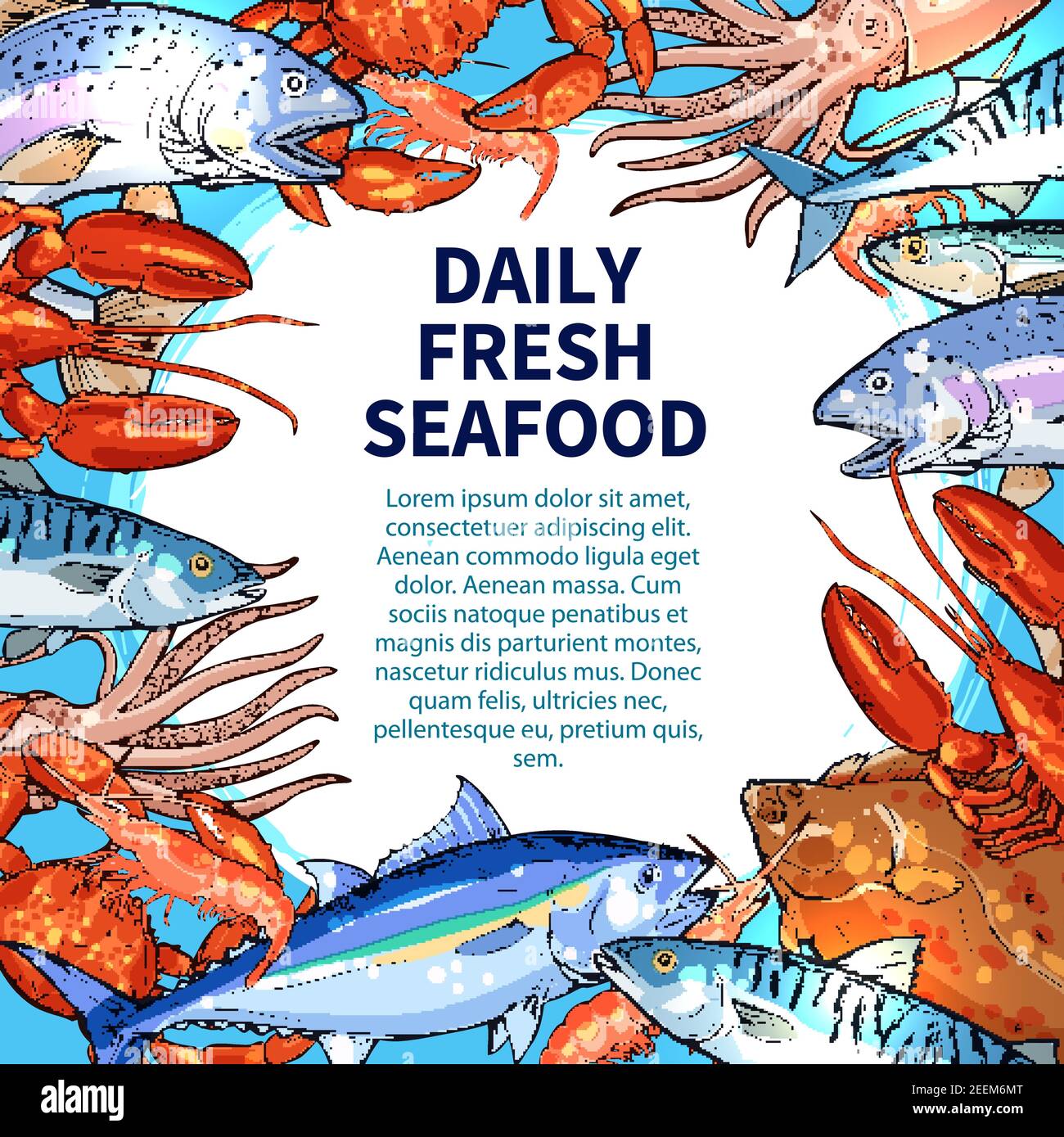 Seafood and fish food market poster template. Vector design of fresh ...