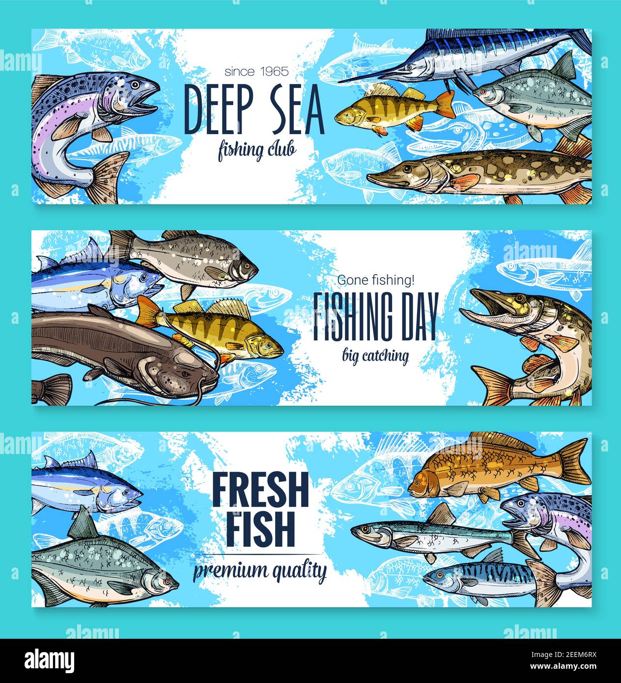 Sealife banners of deep sea or ocean fishes for fishing trip. Vector ...