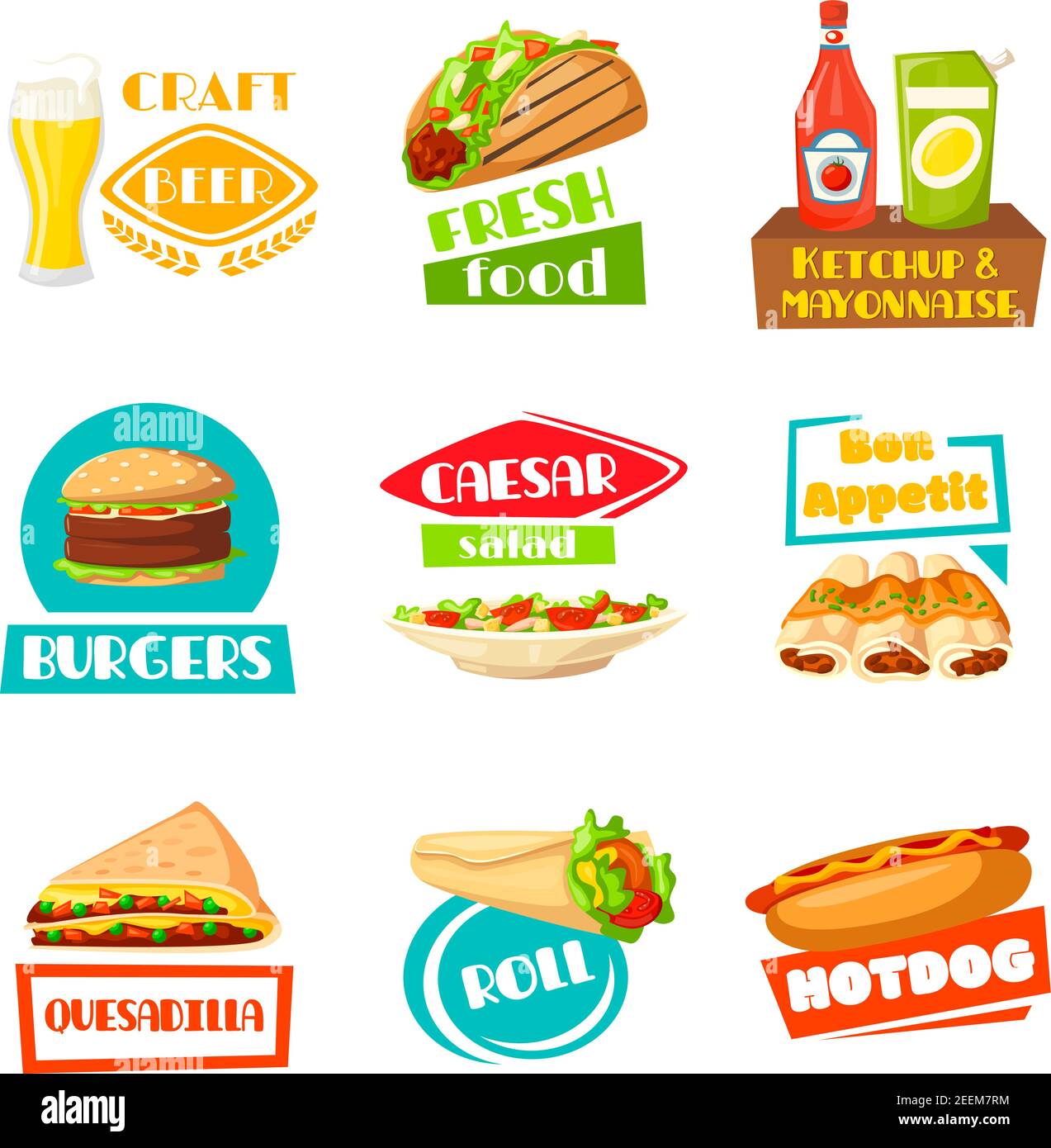 Fast food and meals icons for menu template. Vector isolated set for ...