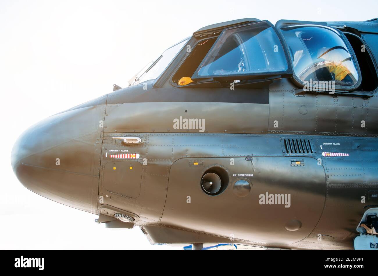 Nose and cockpit of the helicopter pilot. Side view Stock Photo - Alamy