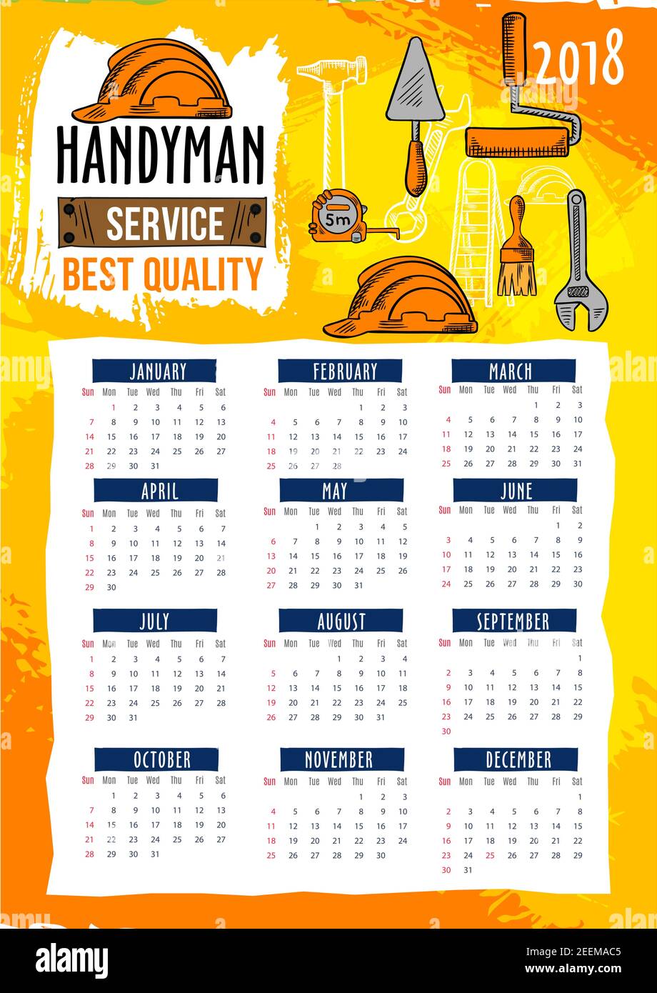 Work tools or handyman service 2018 calendar template of repair and ...