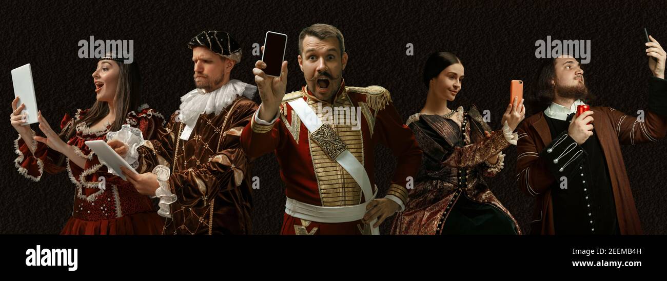 Modern tech devices. Medieval people as a royalty persons in vintage ...