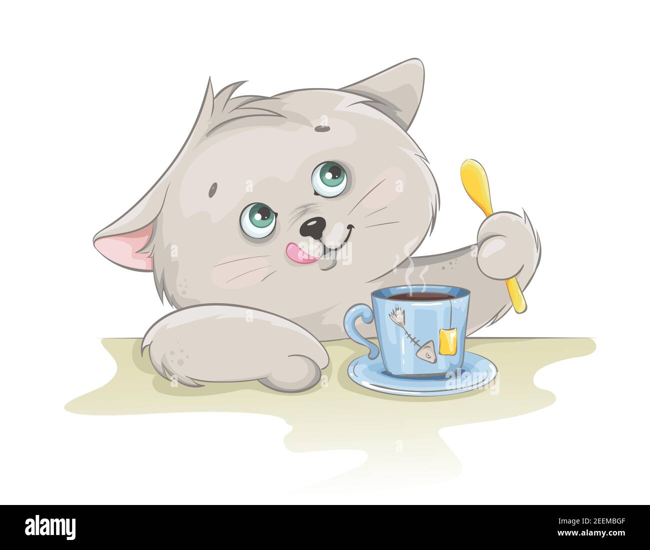 Cute kitten having a cup of tea. Funny kitten cartoon character. Stock ...