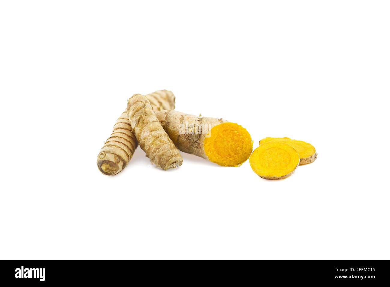 Group of raw turmeric roots isolated on white background Stock Photo ...