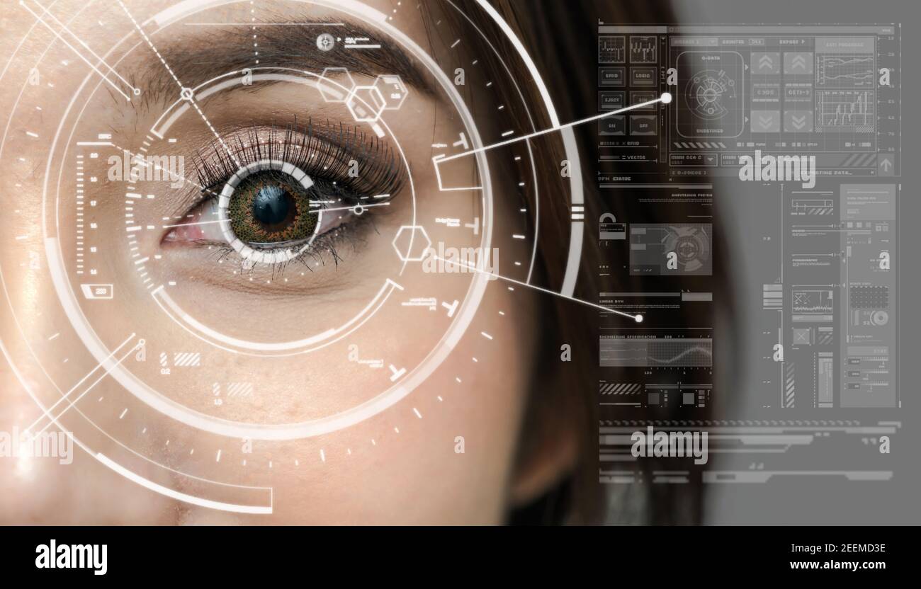 Asian women being futuristic vision, digital technology screen over the ...