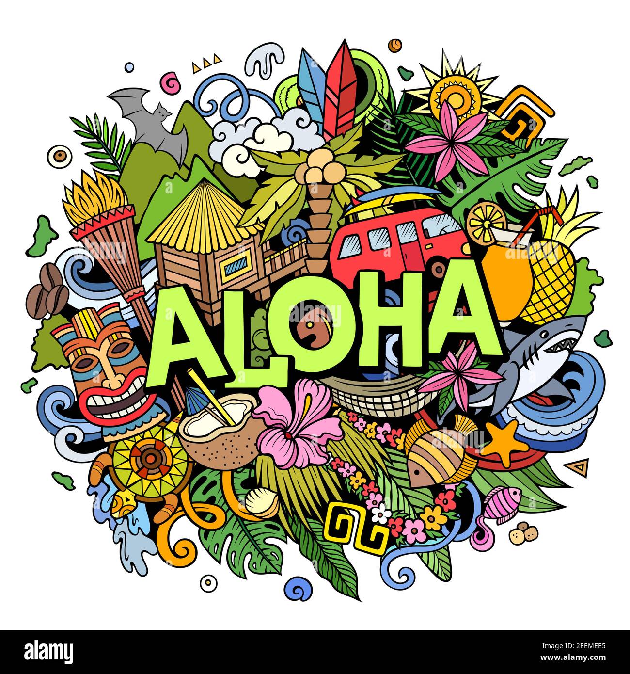 Aloha hand drawn cartoon doodle illustration. Funny Hawaiian design ...