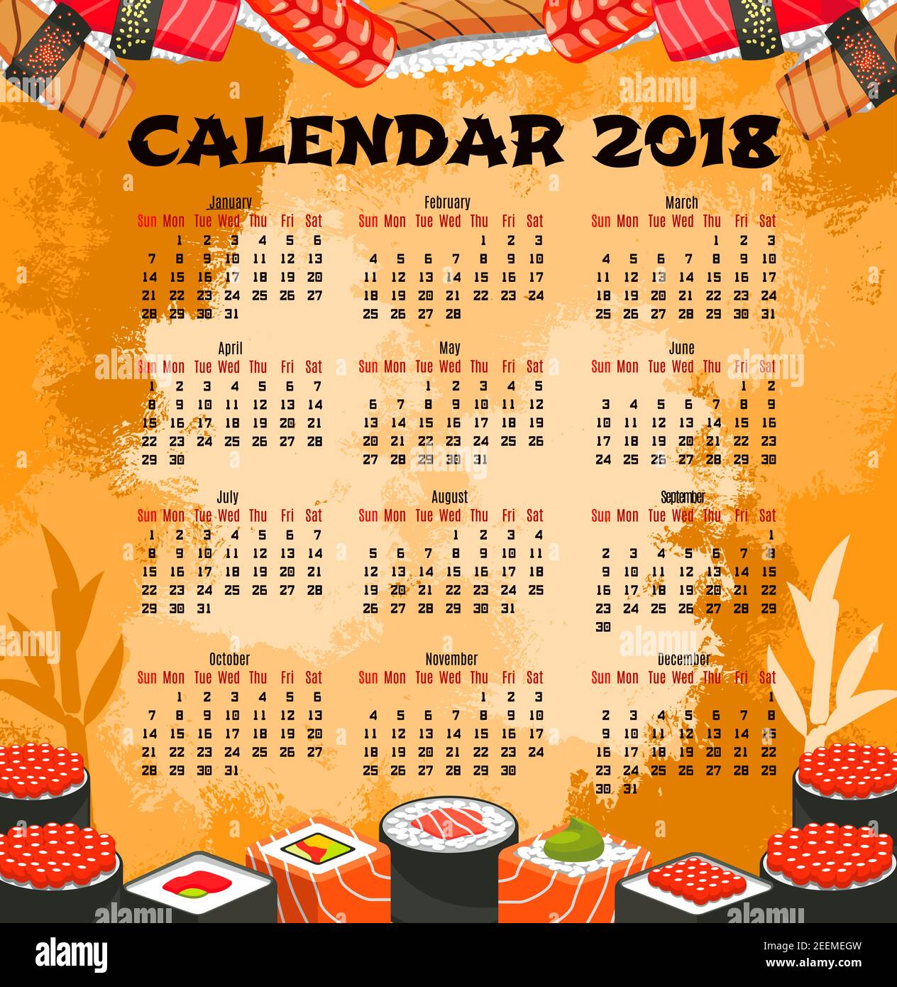 Calendar template of japanese cuisine sushi. Calendar with seafood roll ...