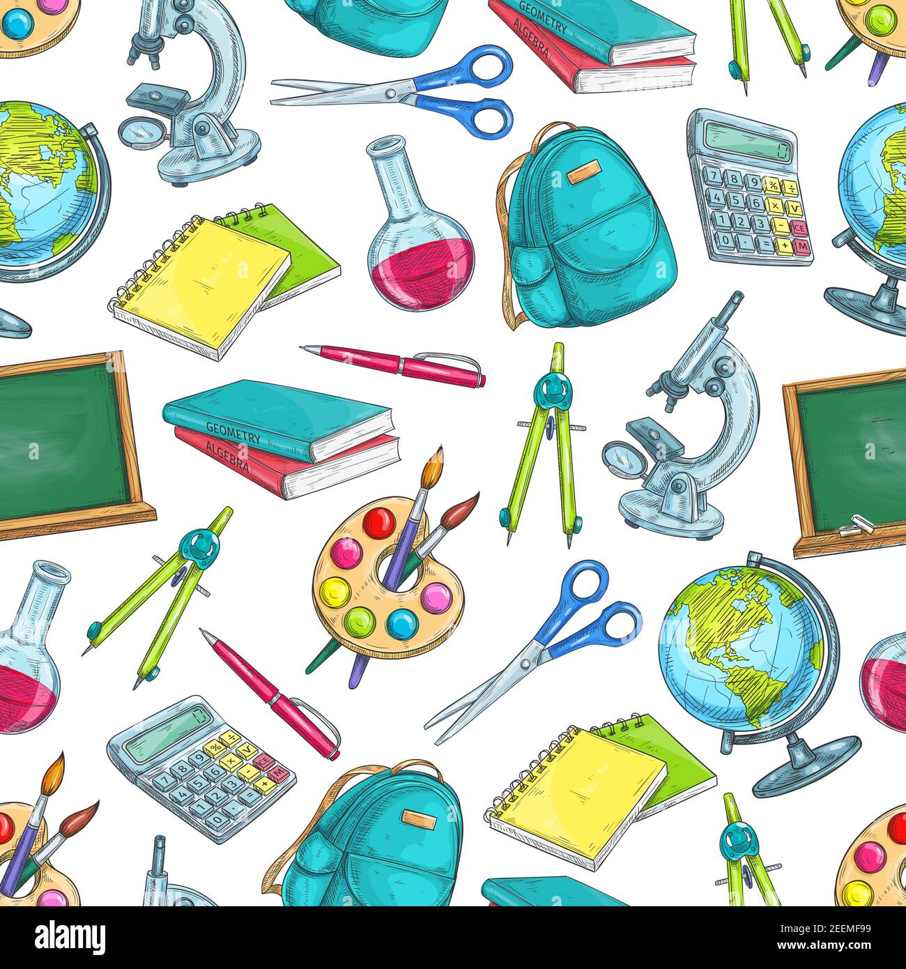 School education seamless pattern. Pencil and book, ruler and pen ...