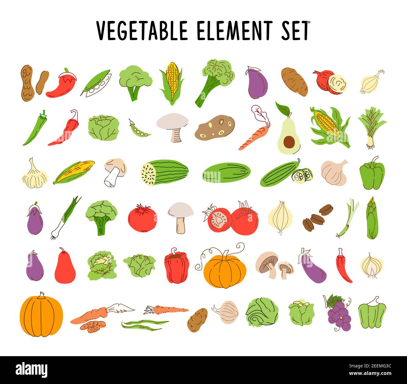 vegetable element set coloring. Collection of hand drawn vegetable ...