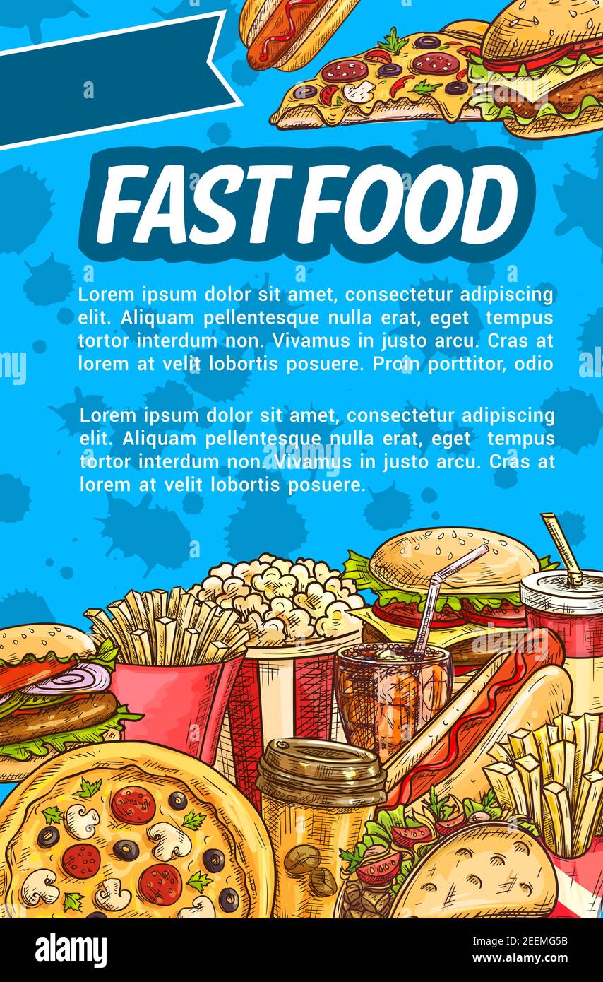 Fast food meal sketch poster. Hamburger, hot dog, french fries, sweet ...