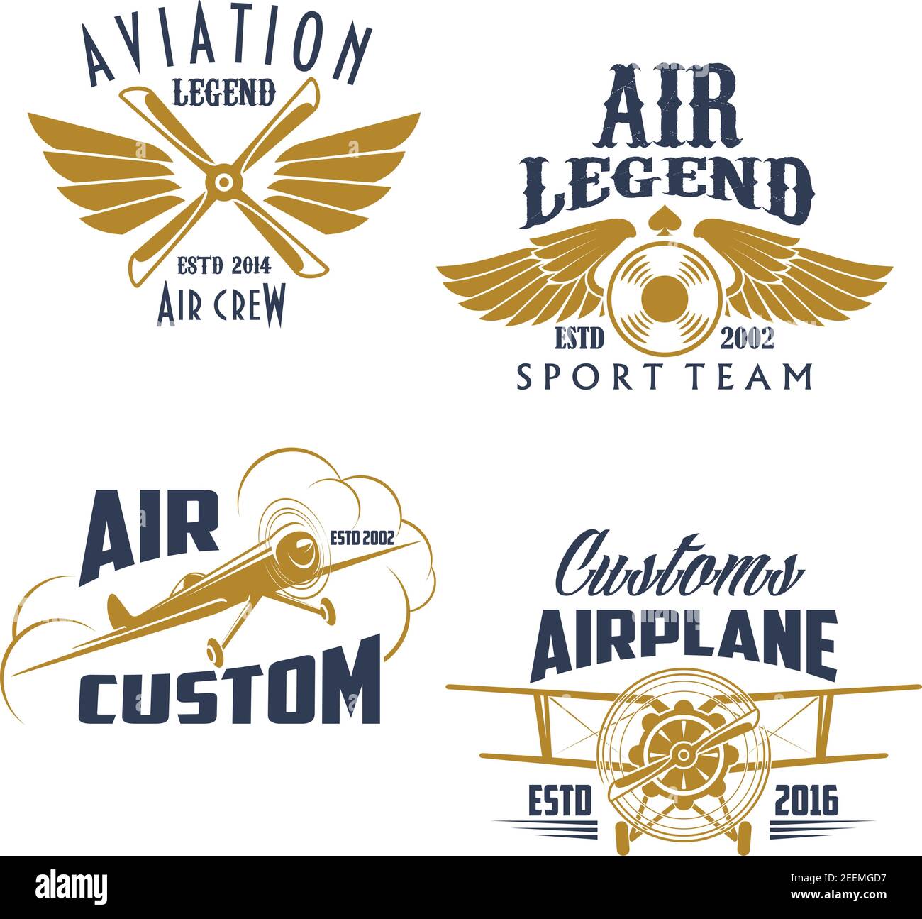 Airplane propeller and wings retro icons. Vector isolated symbols and ...