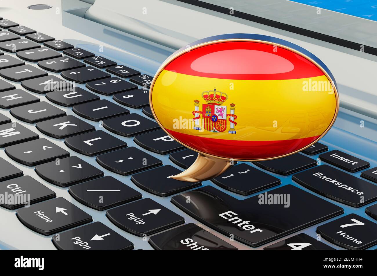 Learn Spanish online concept. Speech balloon with Spanish flag, 3D ...