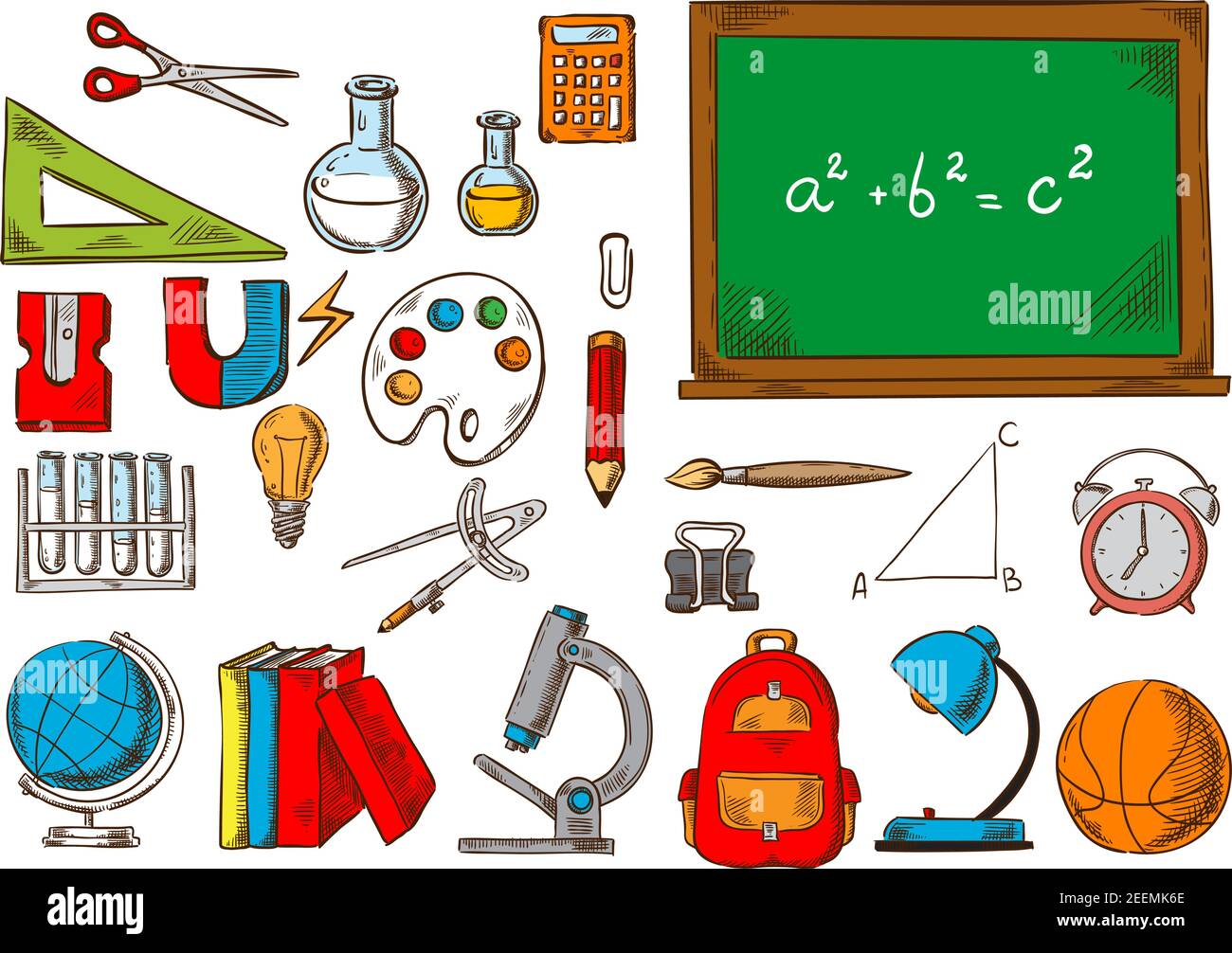 School supplies, learning tool sketches. Pencil, ruler and book ...