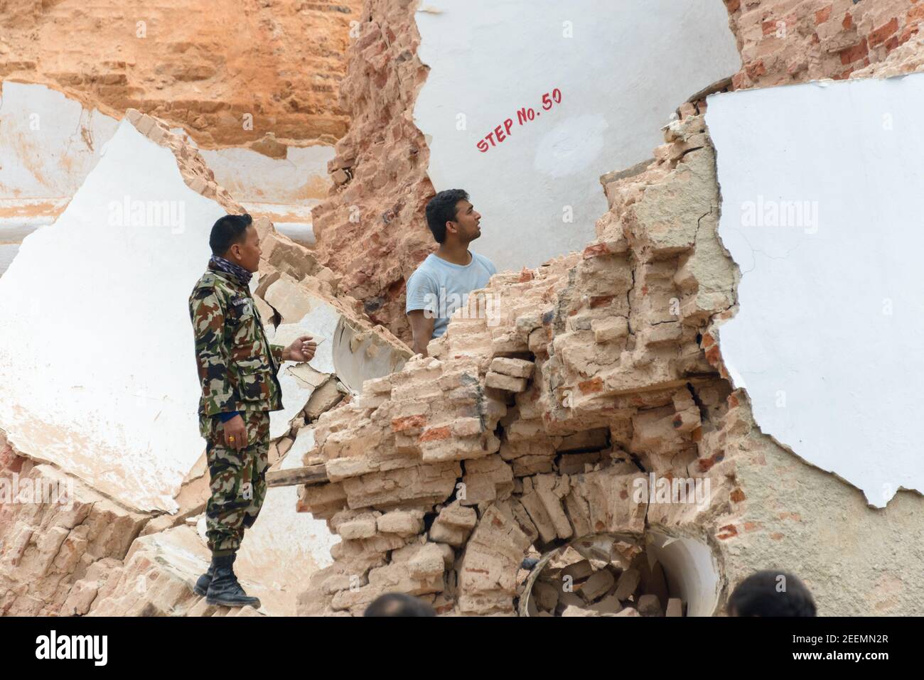 KATHMANDU, NEPAL - APRIL 26, 2015: Rescue effort at the collapsed ...