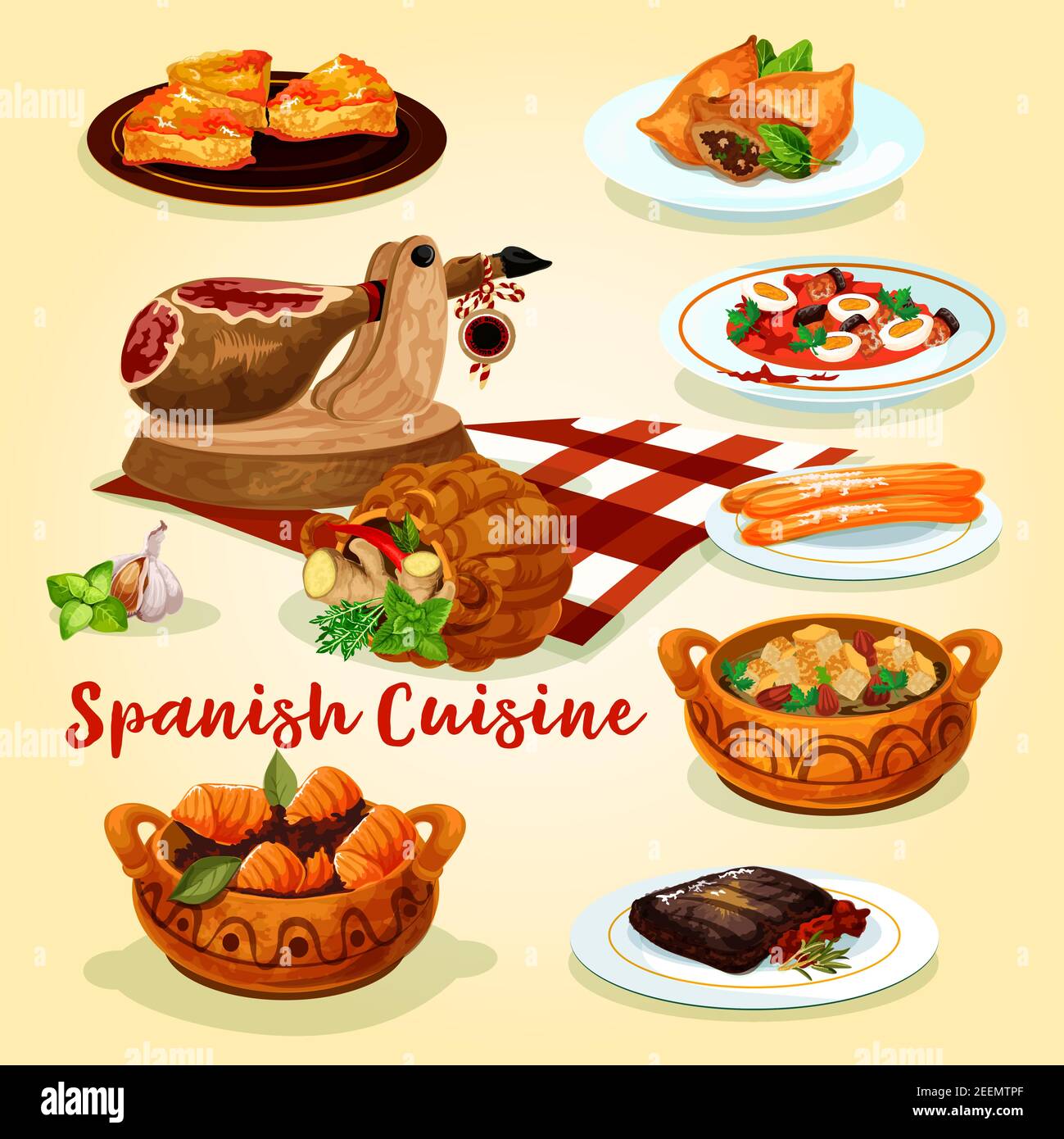 Spanish cuisine dishes poster of ham, sausage stew with vegetables and ...