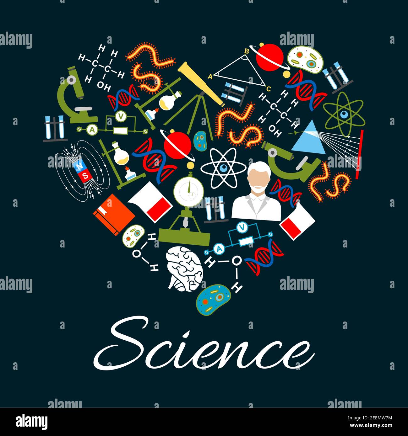 Heart made of science and research icons. We love science concept with ...