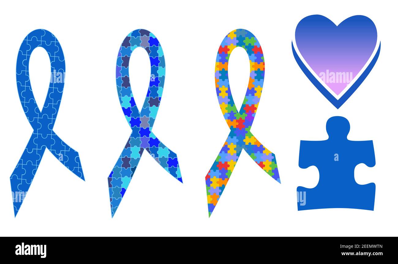 Autism Awareness Symbols. Puzzle Ribbons and Heart. Isolated Vector ...