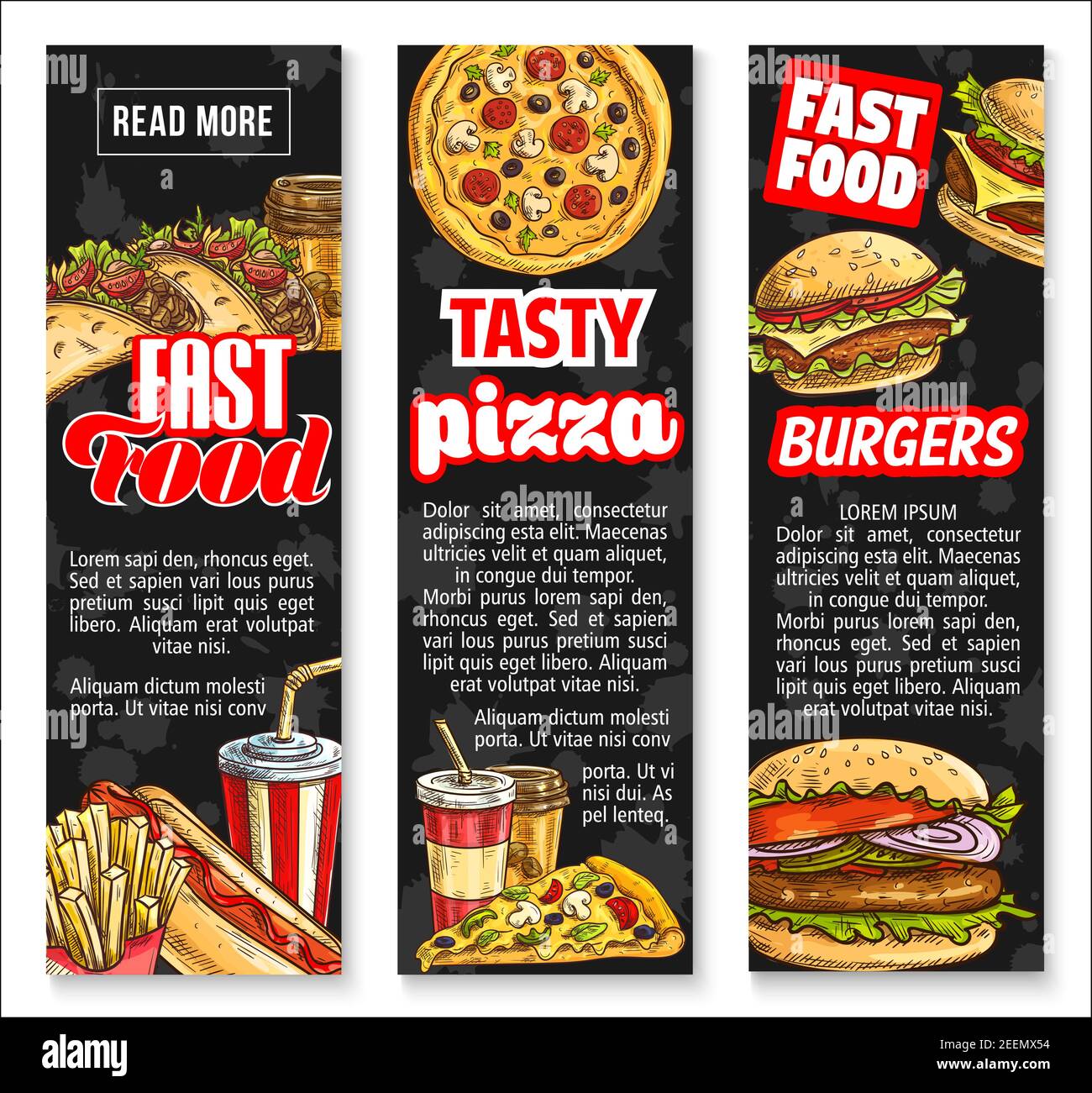 Fast food takeaway lunch with drink banner templates. Hamburger, burger ...