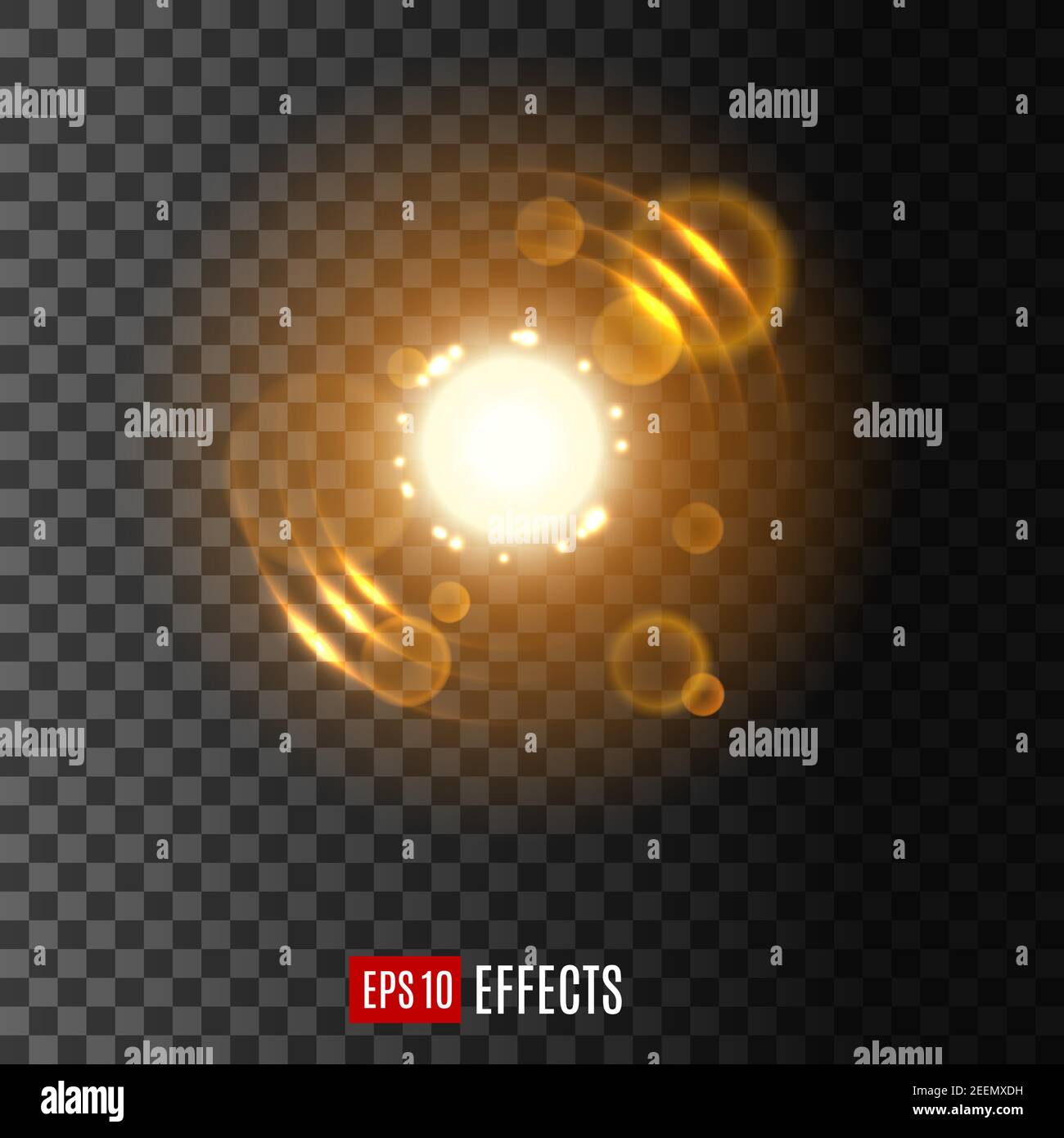 Golden light effect with lens flare and sparkles. Yellow shine of ...
