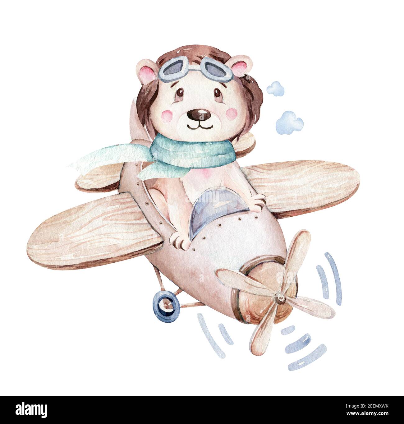 Watercolor baby cartoon pilot aviation hippopotamus, lion and zebra ...