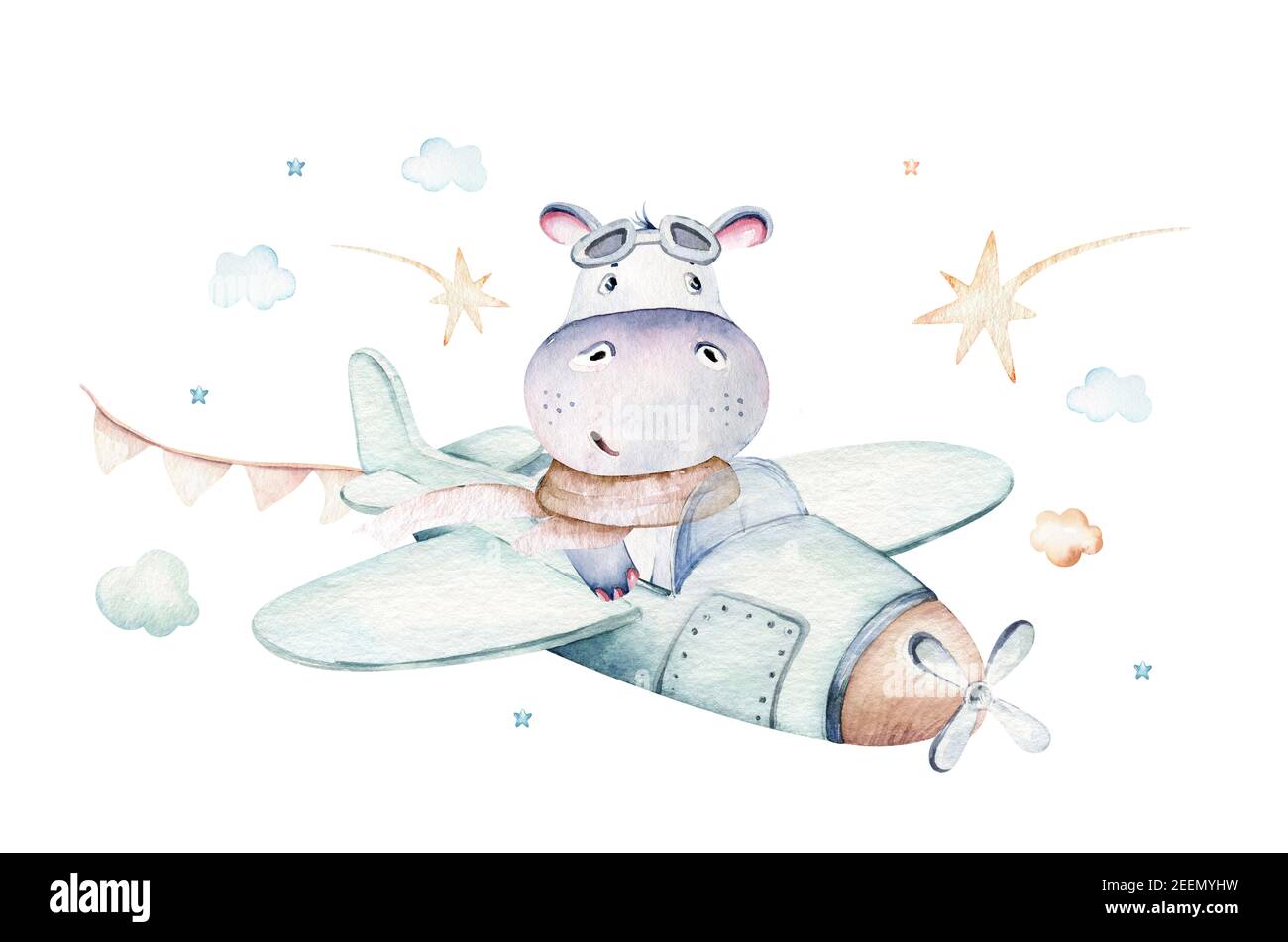 Watercolor baby cartoon pilot aviation hippopotamus, lion and zebra ...