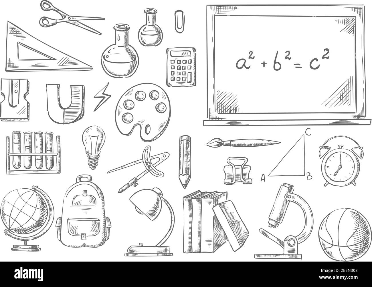 School supplies and study stationery sketch icons. Vector isolated set ...