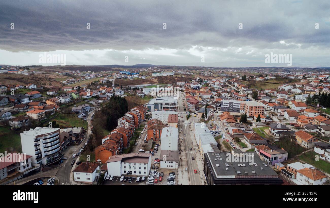 CAZIN, BOSNIA AND HERZEGOVINA - Feb 12, 2021: Aerial view of the town ...