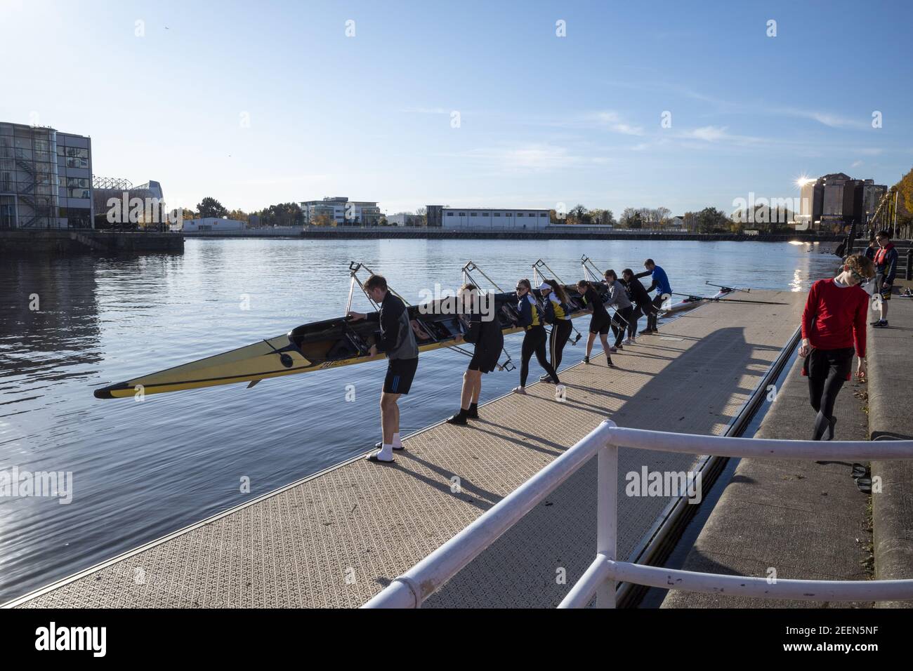 MANCHESTER, UNITED KINGDOM - Feb 07, 2021: Rowers lowering boat into ...