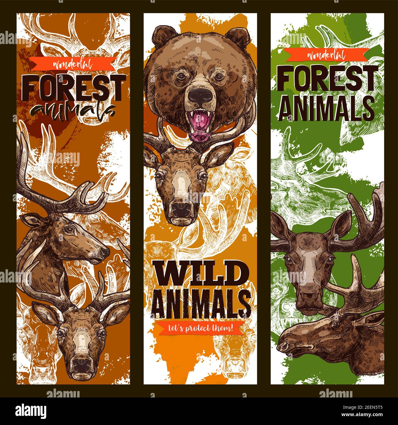 Animal sketch banner set of forest wildlife. Wild bear, deer, elk ...