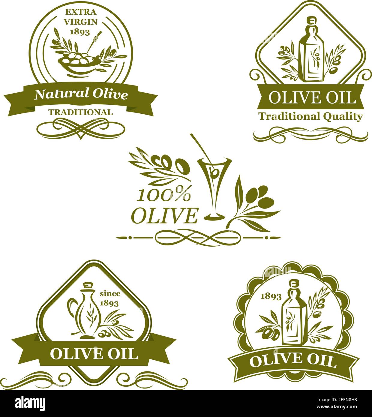 Olives icons for olive oil product labels or Italian cuisine design ...