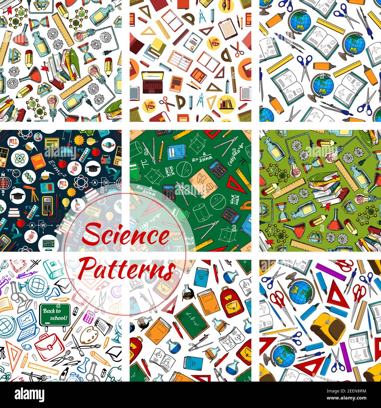 Science and education seamless pattern of supplies, book, pencil and ...