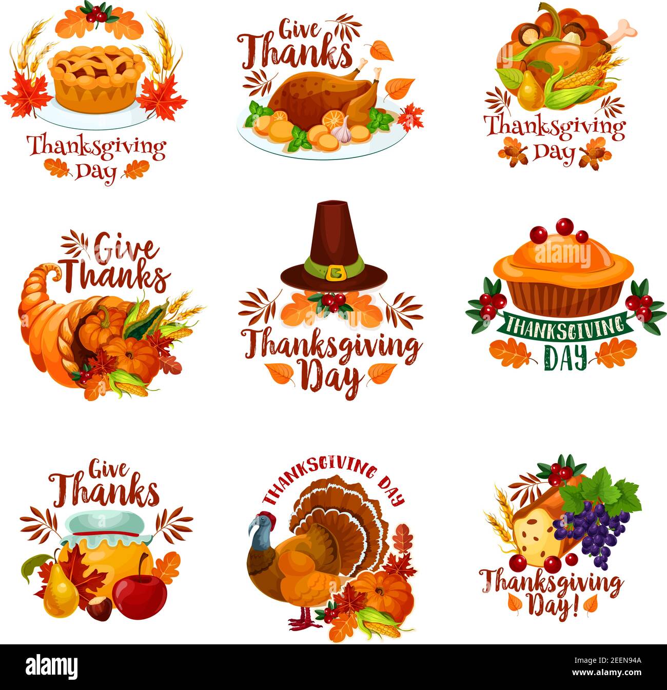 Thanksgiving day icons for seasonal autumn greeting card design. Turkey ...