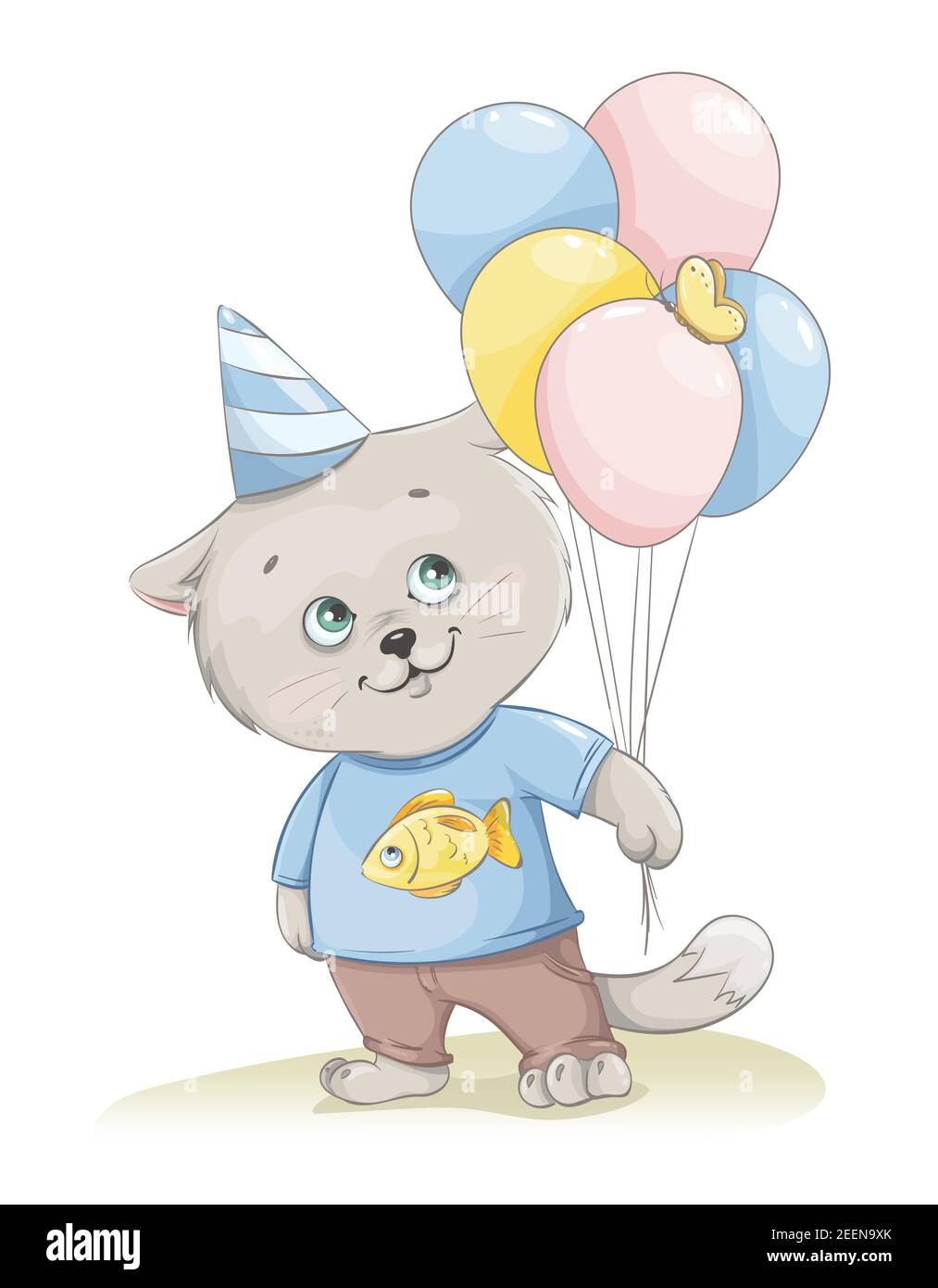 Cute kitten cartoon character holding balloons. Stock vector ...