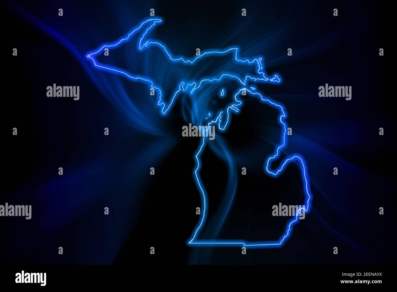 Glowing Map of Michigan, modern blue outline map, on dark Background ...
