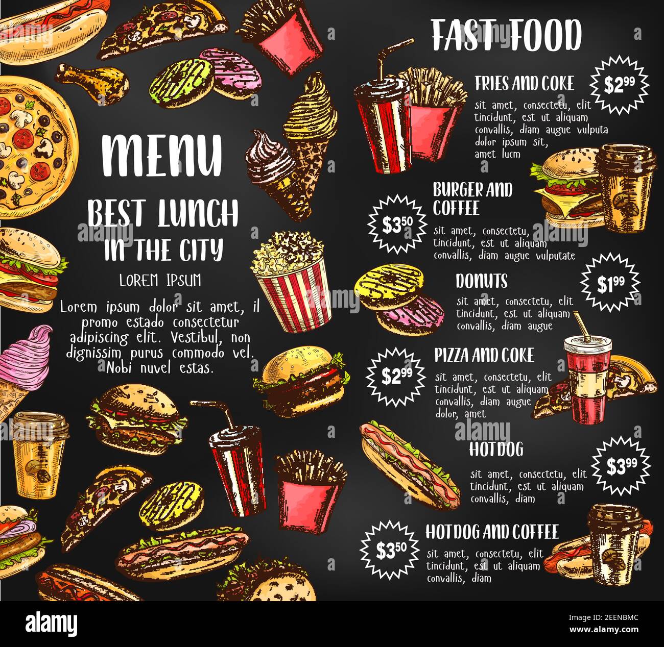 Fast food sketch price menu template for fastfood restaurant or bistro ...