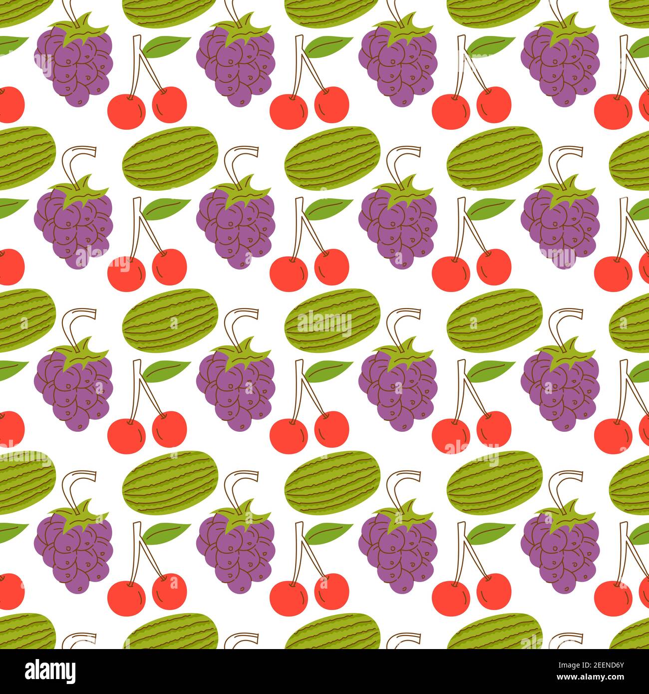 fruit pattern with colorful, watermelon, cherries, grapes. Hand drawn ...