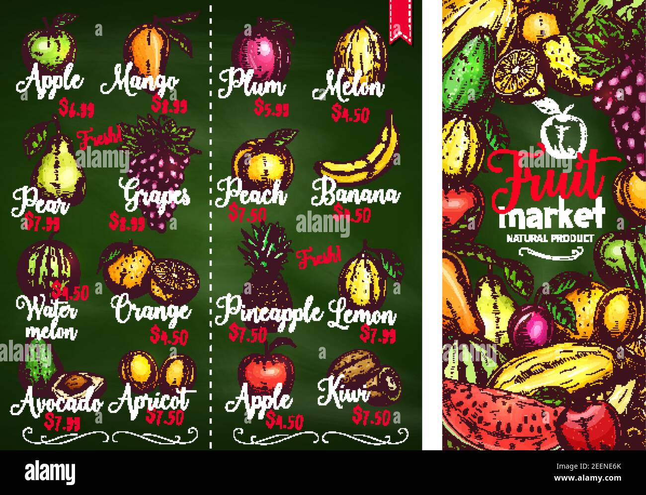 Fruits price or menu template for farm fruit market. Vector sketch ...