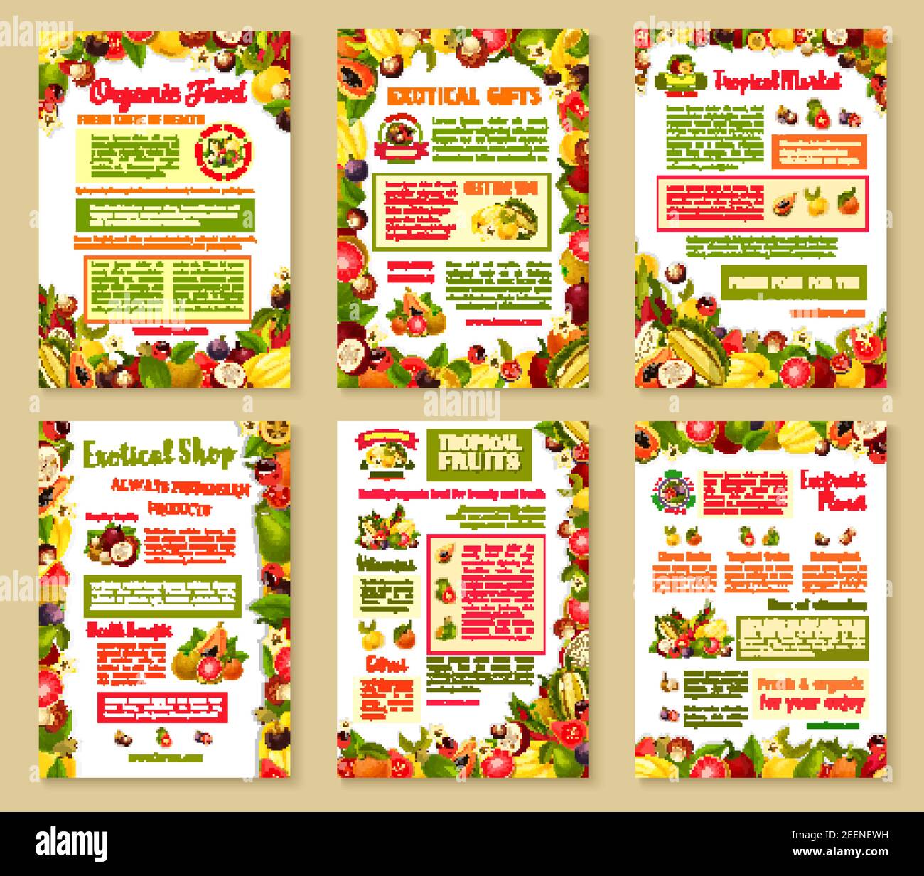 Exotic fruits posters or brochure of tropical papaya, guava or maracuya ...