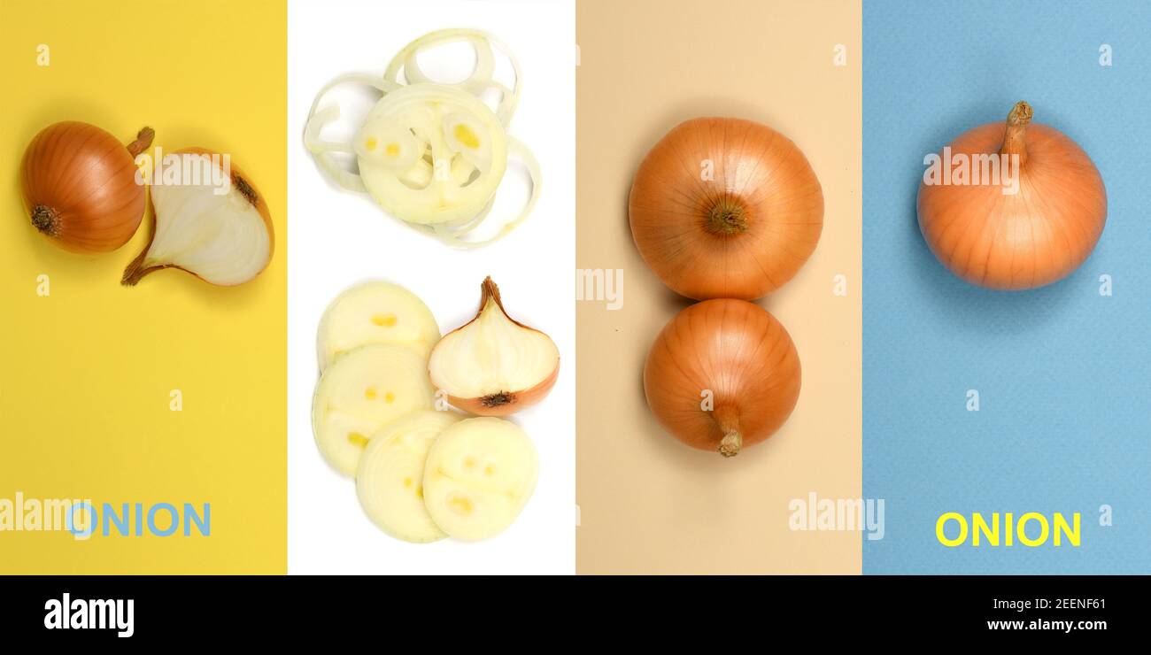 Creative layout made of Yellow onion bulbs. High resolution photo. Full ...