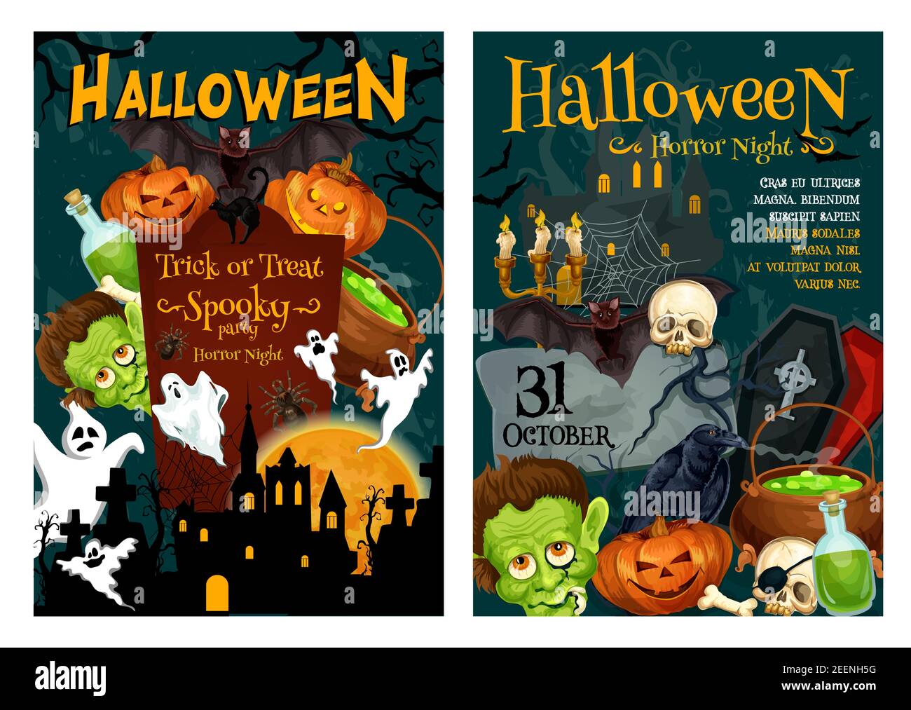 Halloween horror night party poster set. Scary ghost, Halloween pumpkin ...