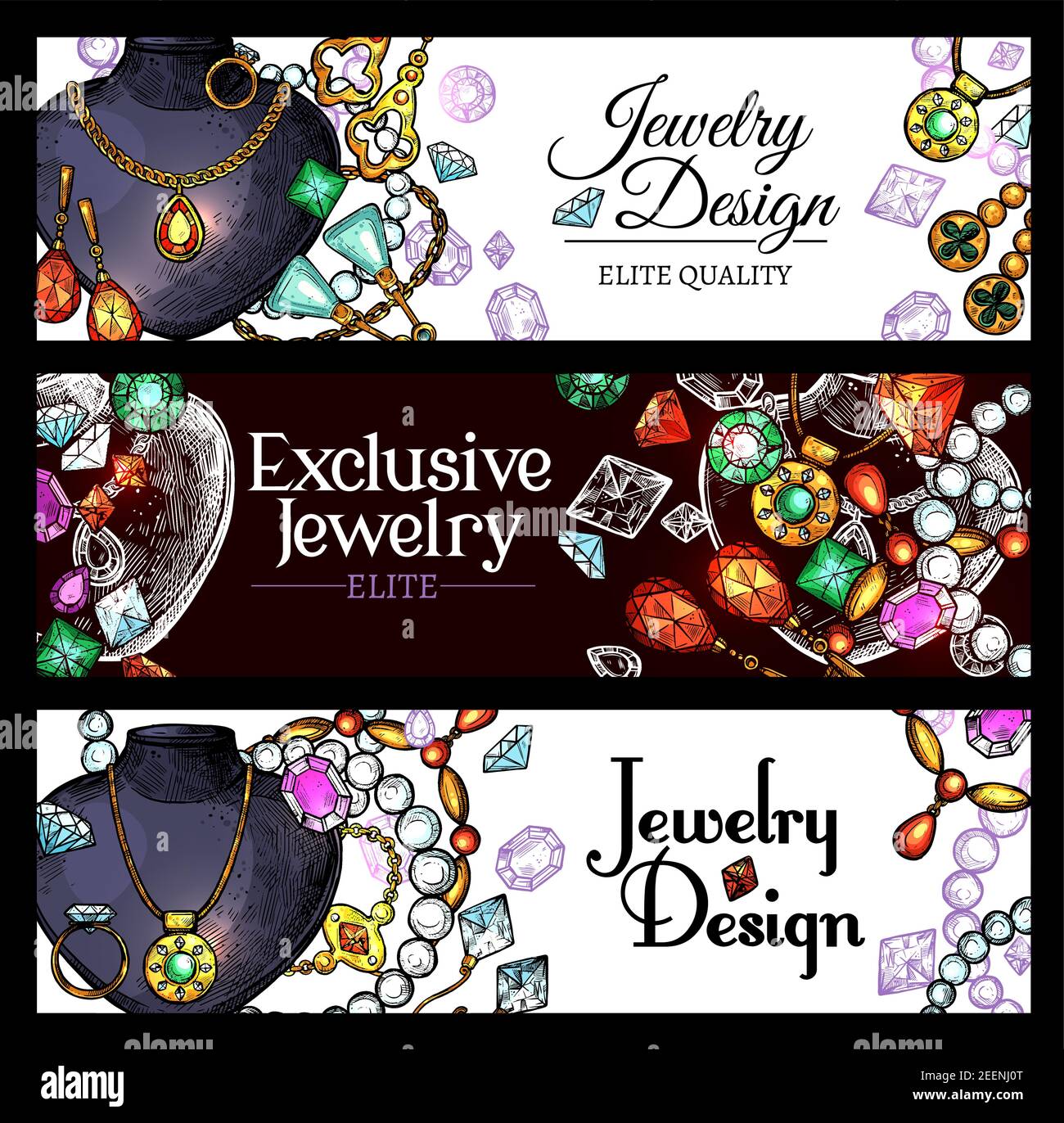 Jewelry and luxury jewel sketch banners. Diamond ring, necklace ...