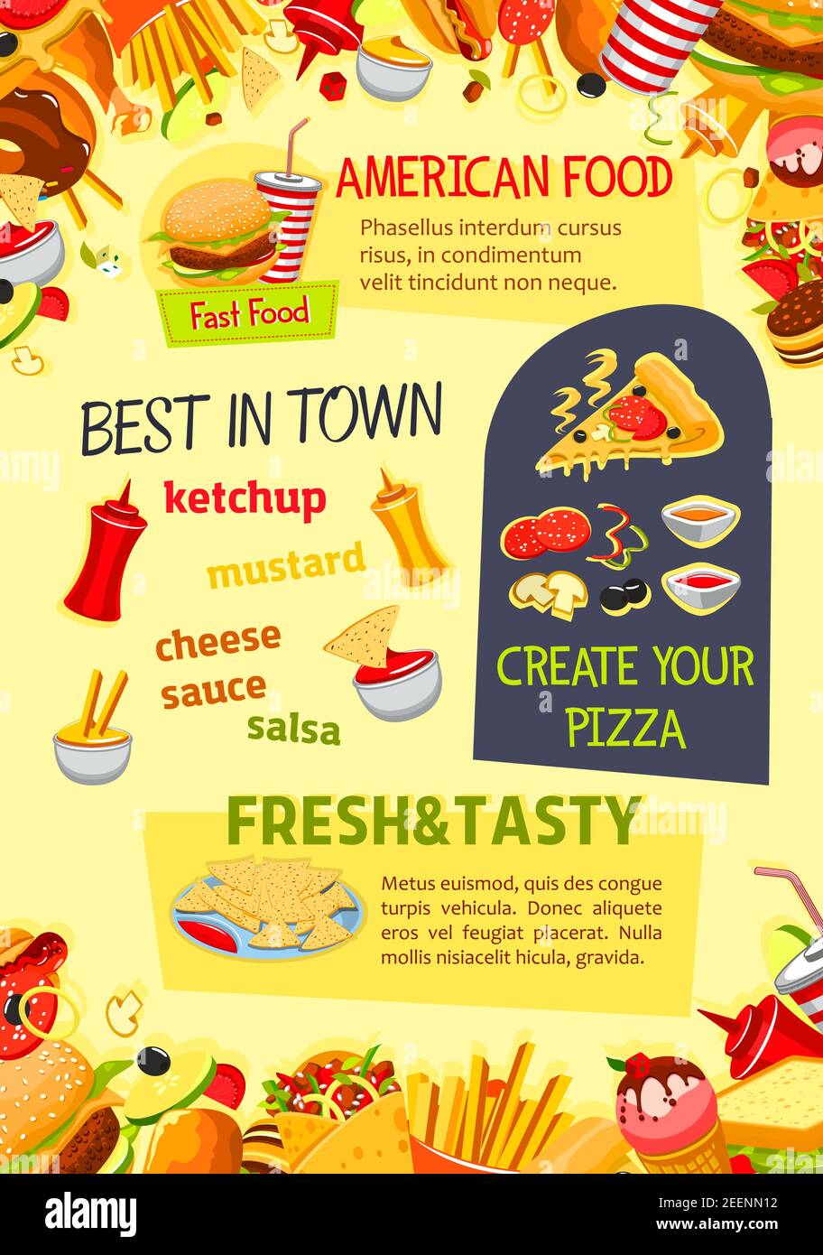 Fast food poster of pizza, burgers or sandwiches and fastfood desserts ...